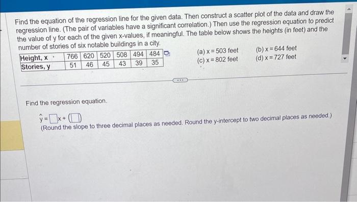 Solved Find the equation of the regression line for the | Chegg.com