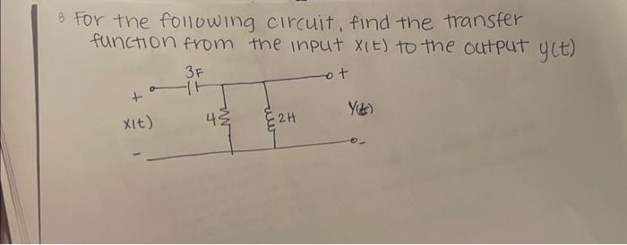 Solved For the following circuit, find the transfer function | Chegg.com
