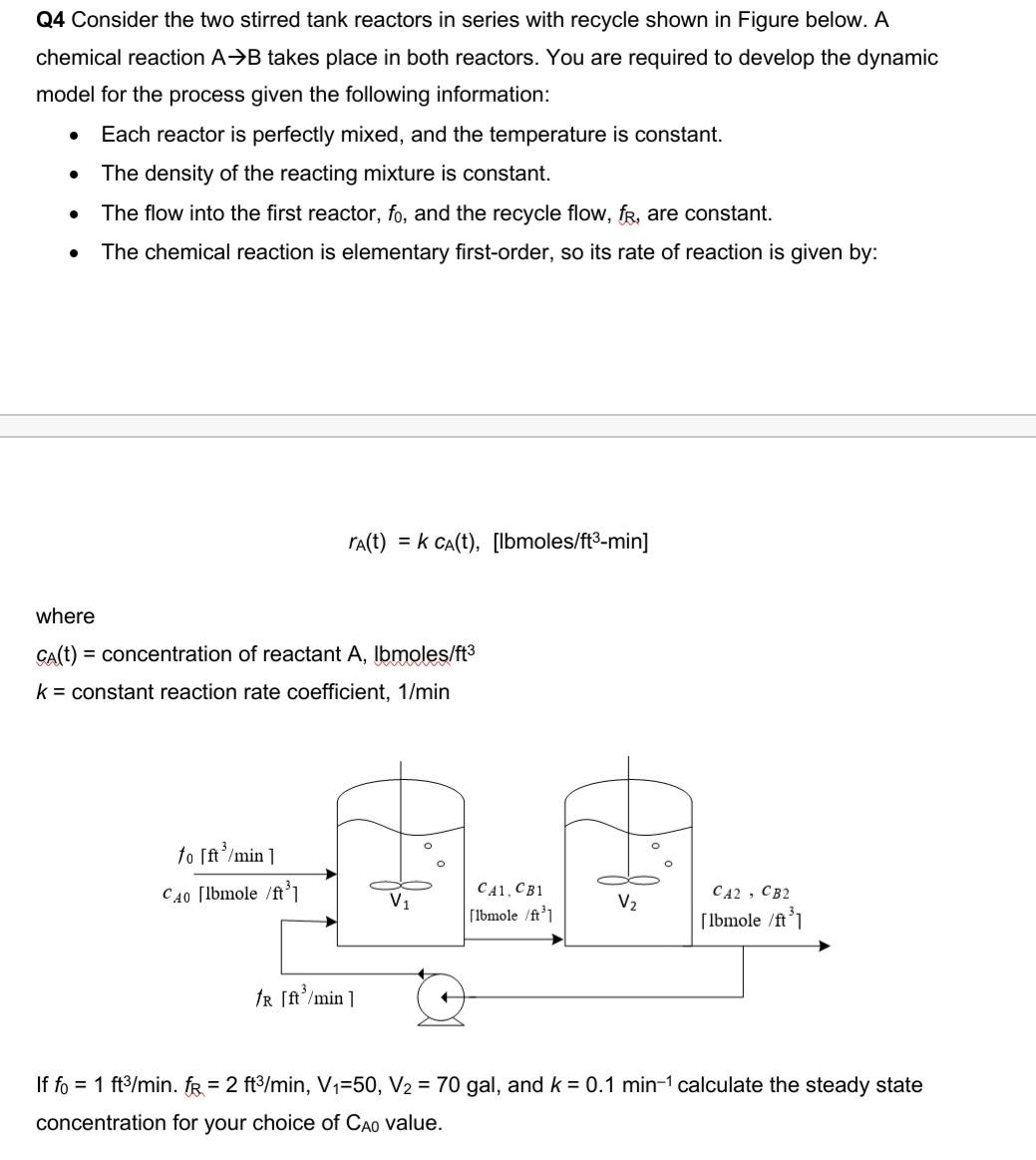 Solved Q4 Consider the two stirred tank reactors in series | Chegg.com