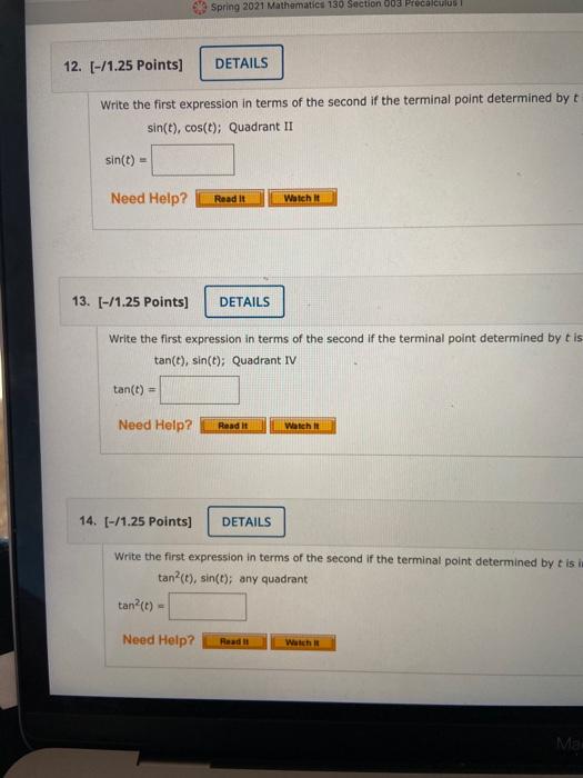 Solved Spring 2021 Mathematics 130 Section 003 Precalculus | Chegg.com