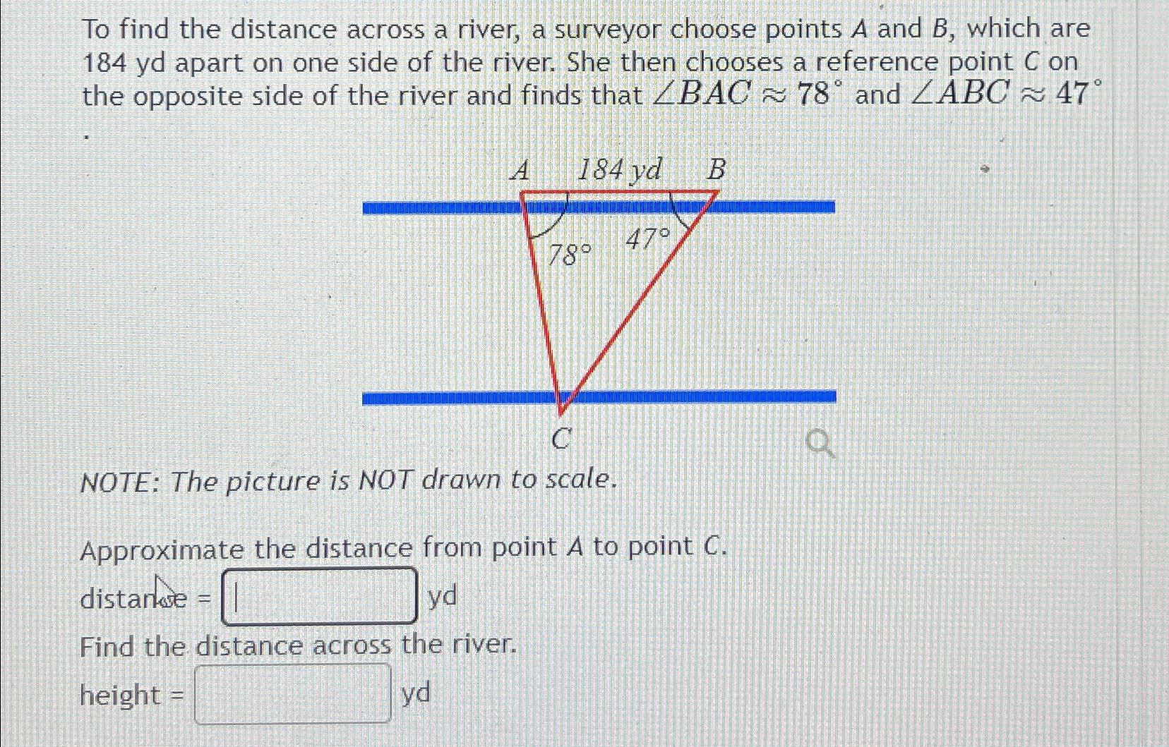 Solved To find the distance across a river, a surveyor | Chegg.com