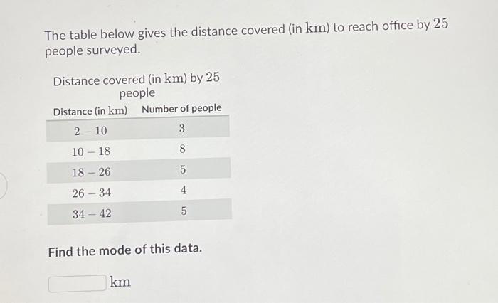 Solved The table below gives the distance covered (in km) to | Chegg.com