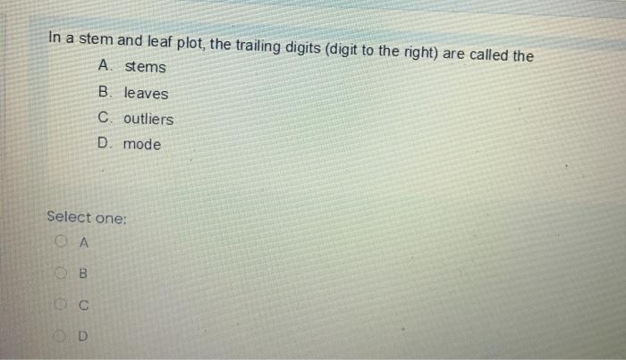 Solved In a stem and le af plot, the trailing digits (digit | Chegg.com