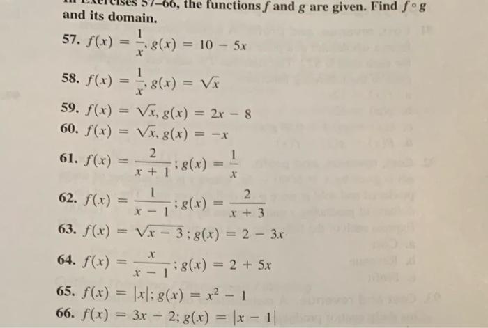 Solved and its domain. 57. f(x)=x1,g(x)=10−5x 58. | Chegg.com