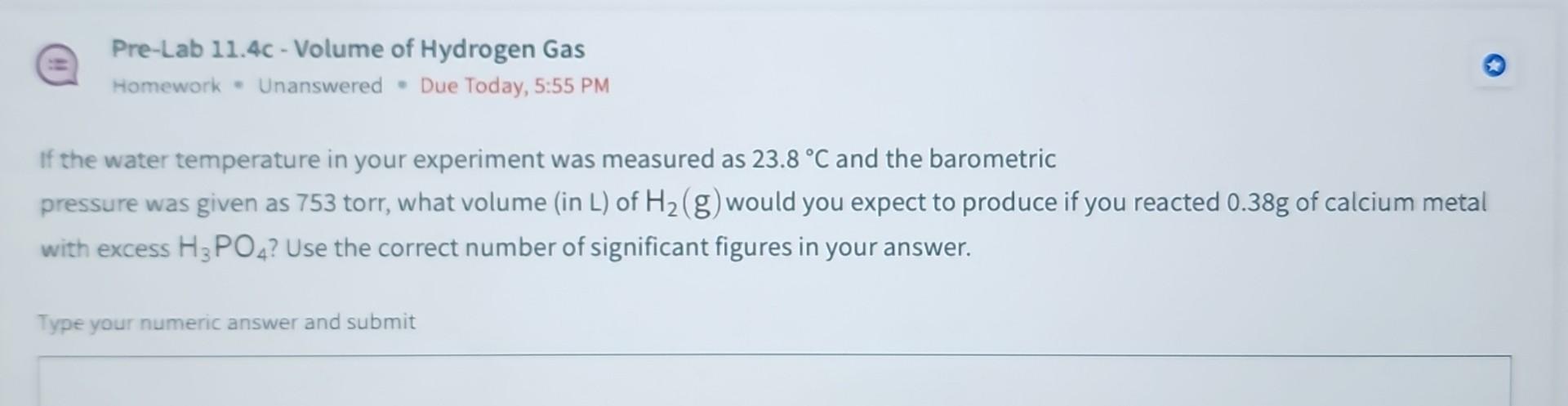 Solved Pre-Lab 11.4c - Volume of Hydrogen Gas Homework - | Chegg.com