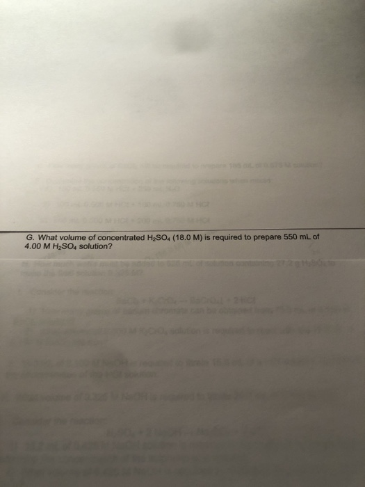 Solved G. What volume of concentrated H2SO4 (18.0 M) is | Chegg.com
