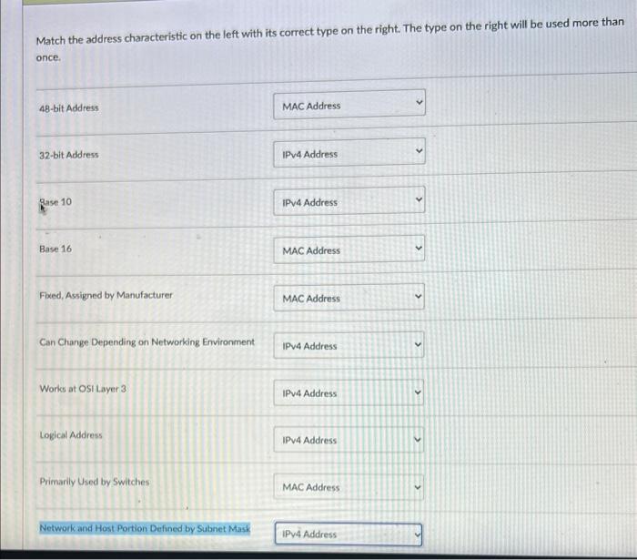 Solved Match the address characteristic on the left with its | Chegg.com