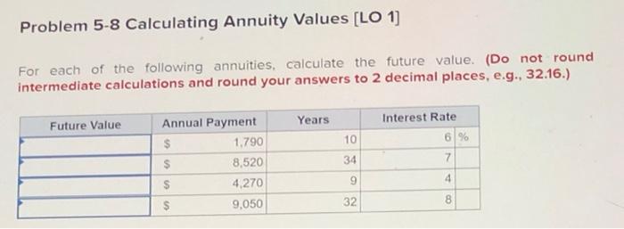Solved Problem 5-8 Calculating Annuity Values [LO 1) For | Chegg.com