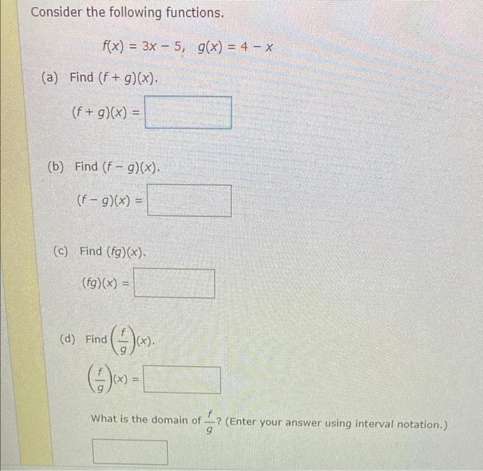 Solved Consider the following functions. f(x) = 3x - 5, g(x) | Chegg.com
