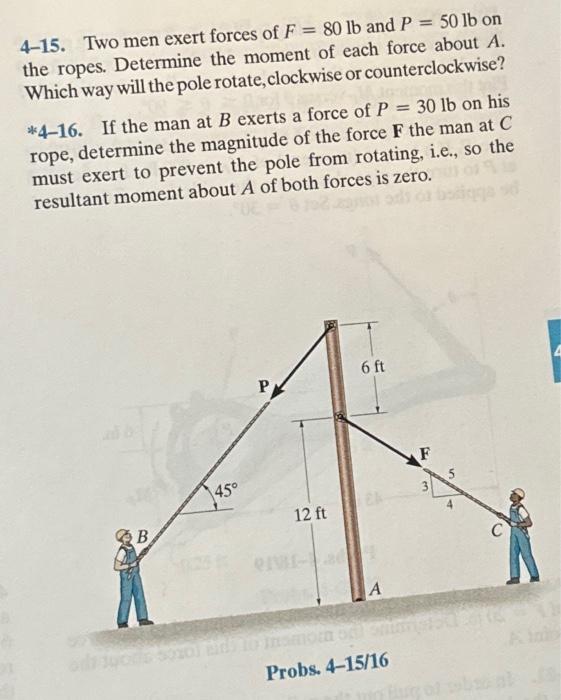Solved 4-15. Two men exert forces of F=80lb and P=50lb on | Chegg.com