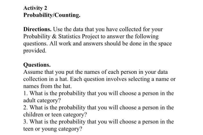Solved Activity 2 Probability/Counting. Directions. Use the | Chegg.com
