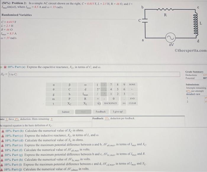 (56\%) Problem 2: In a simple AC circuit shown on the | Chegg.com