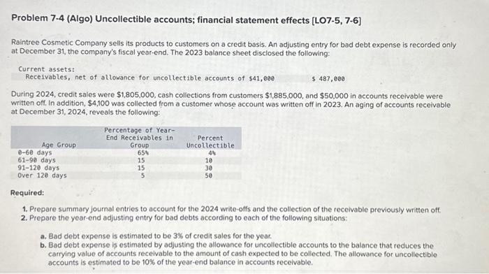 Solved Problem 7-4 (Algo) Uncollectible accounts; financial | Chegg.com