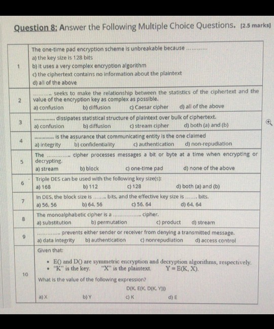Solved Question 8: Answer the following Multiple Choice | Chegg.com