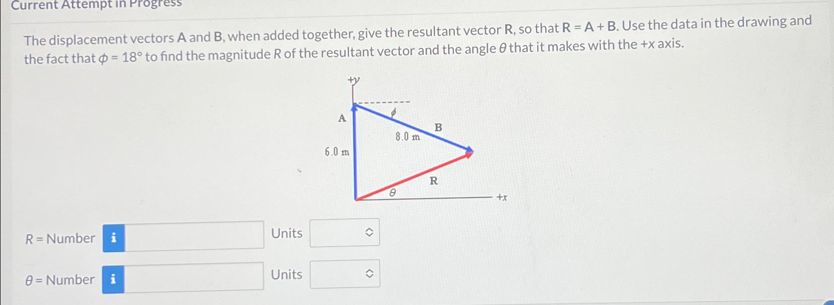 The displacement vectors A and B, ﻿when added | Chegg.com