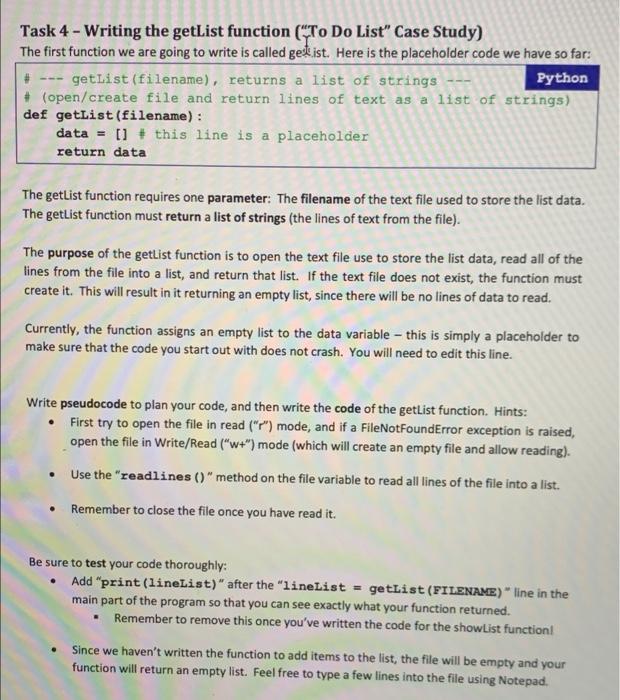 Solved Task 4 - Writing the getList function (To Do List" | Chegg.com