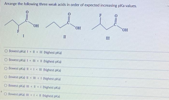 Solved Arrange the following three weak acids in order of | Chegg.com