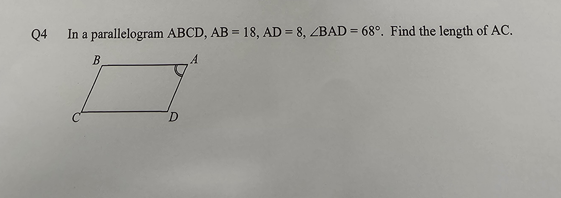 Solved Q4 ﻿In a parallelogram ABCD,AB=18,AD=8, ﻿angle | Chegg.com