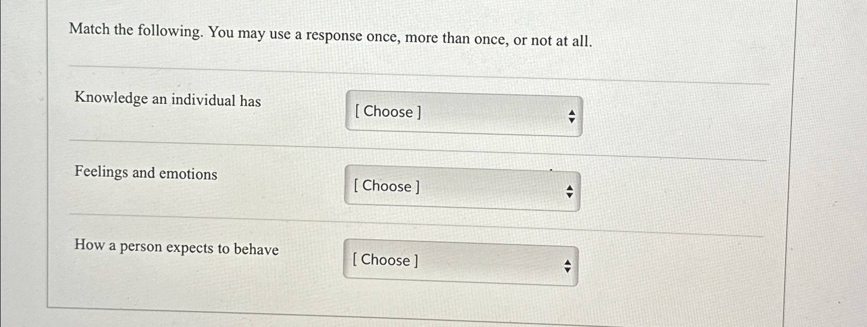Solved Match the following. You may use a response once, | Chegg.com