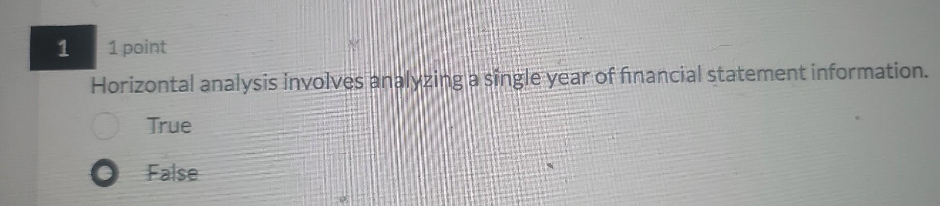 Solved 1 point Horizontal analysis involves analyzing a | Chegg.com