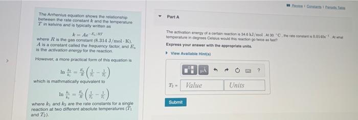 Solved Part A The Arrhenius equation shows the relationship | Chegg.com