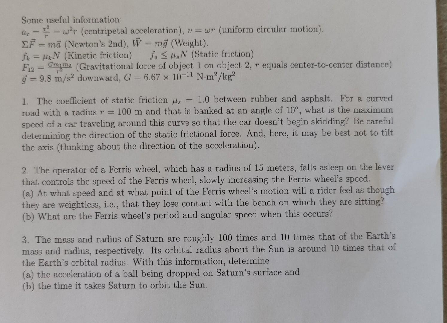 Some useful information: ac=rv2=ω2r (centripetal | Chegg.com