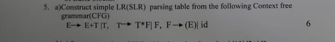 Solved 5. a)Construct simple LR(SLR) parsing table from the | Chegg.com