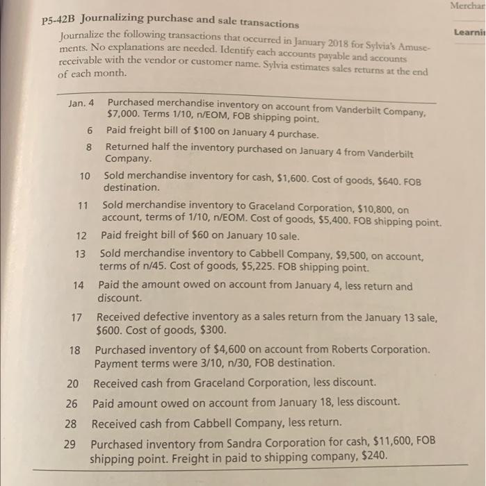 Solved P5-42B Journalizing purchase and sale transactions | Chegg.com