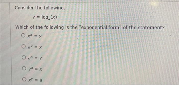 Solved Consider the following. y=loga(x) Which of the | Chegg.com