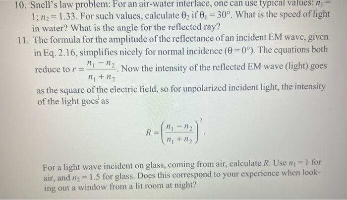 Solved 10. Snell's law problem: For an air-water interface, | Chegg.com