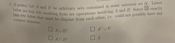 Solved 2. (6 points) Let A and B be arbitrary sets contained | Chegg.com