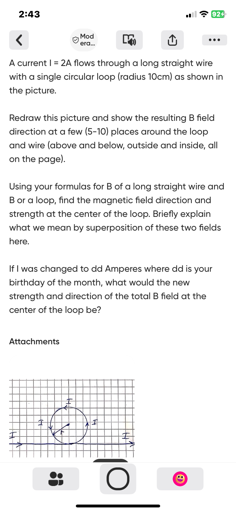 Solved 2:43924Modera...A current I = 2A flows through a long | Chegg.com