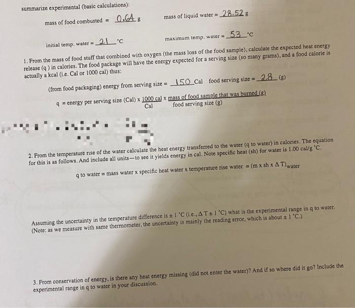 Solved summarize experimental (basic calculations): mass of | Chegg.com