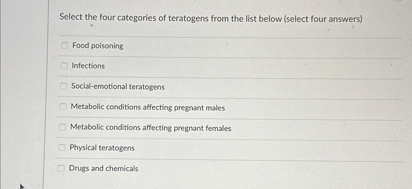 Select the four categories of teratogens from the | Chegg.com