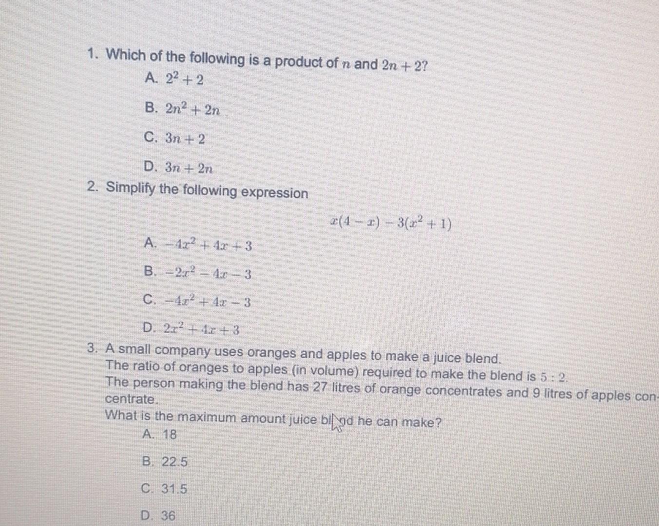 Solved 1. Which of the following is a product of n and 2n+2 | Chegg.com