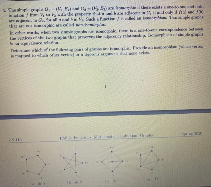 Solved 4. The simple graphs G = (V1, E,) and G2 = (V2, Ey) | Chegg.com
