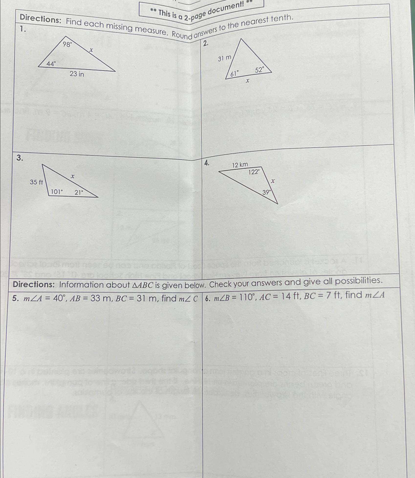 Solved Directions: Find each missing measure. Round answers | Chegg.com