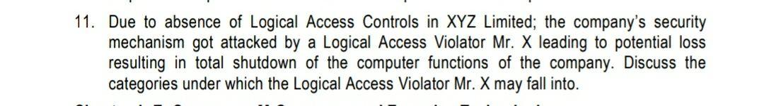 Solved 11. Due to absence of Logical Access Controls in XYZ | Chegg.com