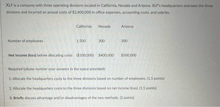 Solved XLF is a company with three operating divisions | Chegg.com