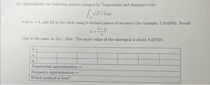 Solved (1) Approximate the following definite integral by | Chegg.com