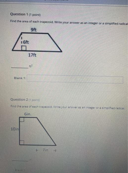 Solved Question 1 (1 point) Find the area of each trapezoid. | Chegg.com