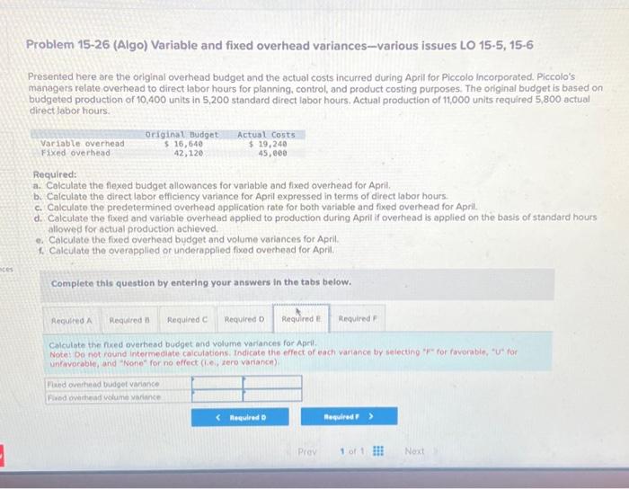 Solved Problem 15-26 (Algo) Variable and fixed overhead | Chegg.com