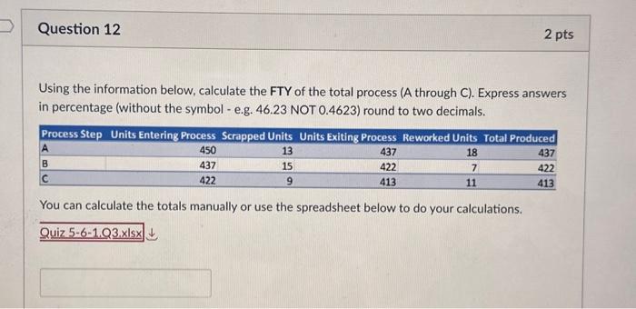 Solved Using the information below, calculate the FTY of the | Chegg.com