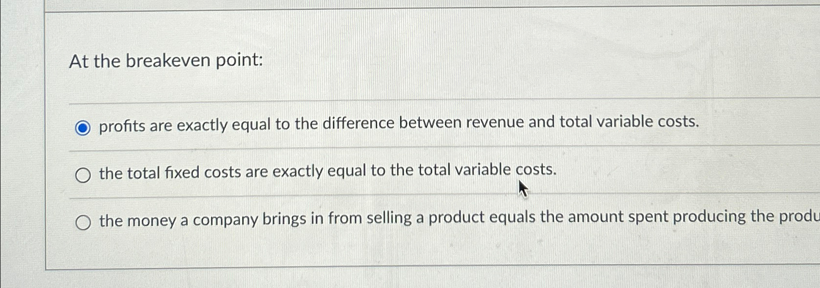 Solved At the breakeven point:profits are exactly equal to | Chegg.com