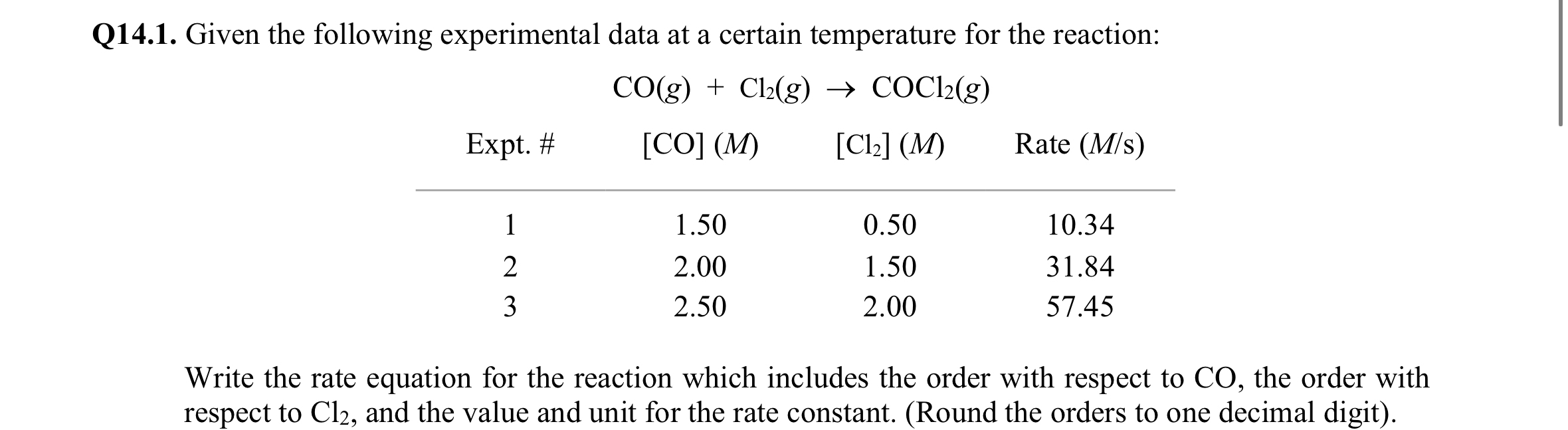 Solved Q14.1. ﻿Given the following experimental data at a | Chegg.com