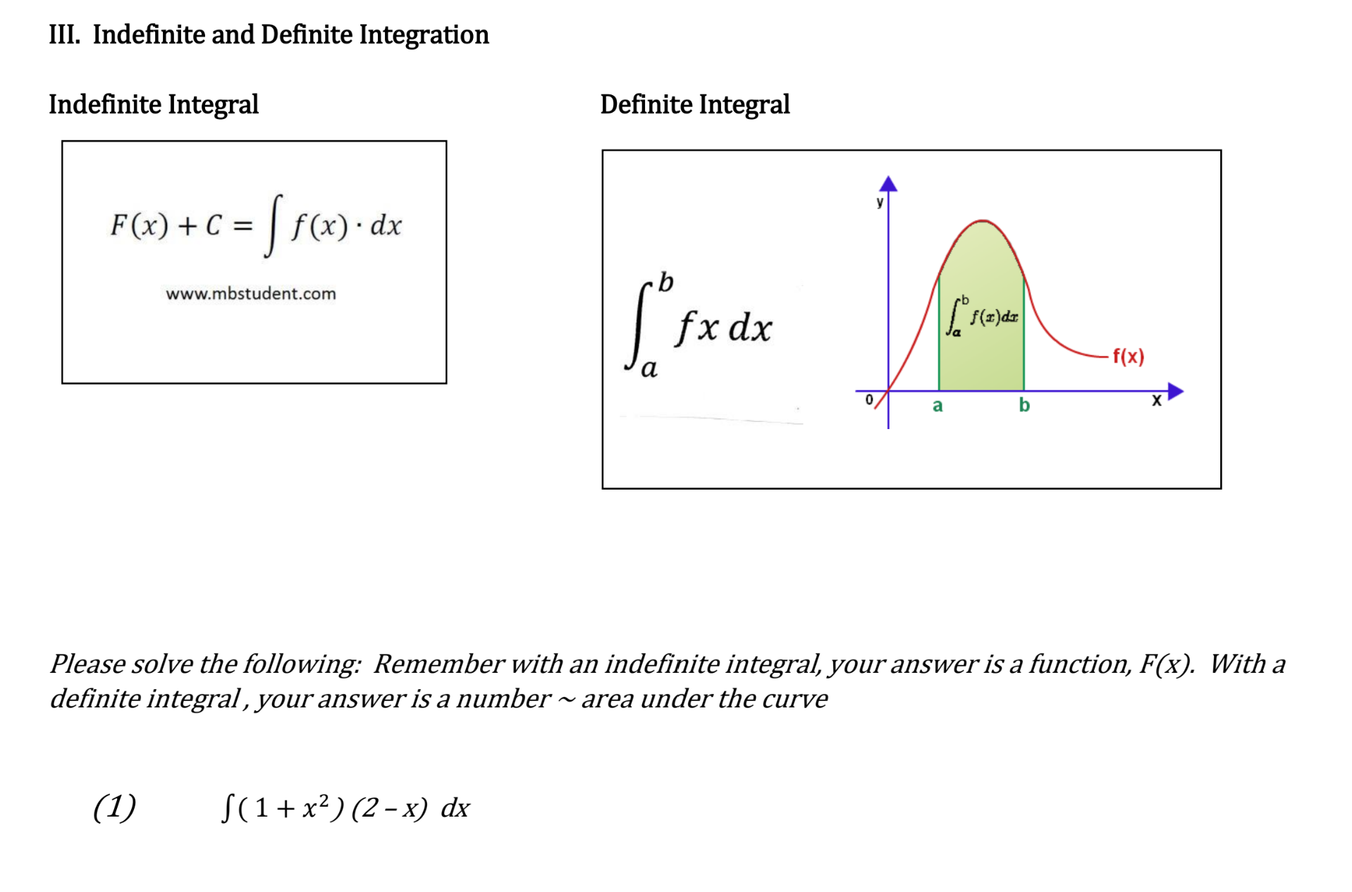 Solved III. Indefinite and Definite IntegrationIndefinite | Chegg.com