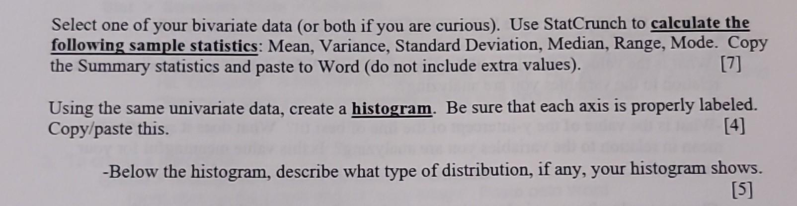 Solved Select one of your bivariate data (or both if you are | Chegg.com