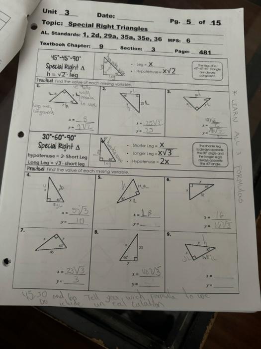Unit 3 Date: Topic: Special Right Triangles Pg. 5 of | Chegg.com