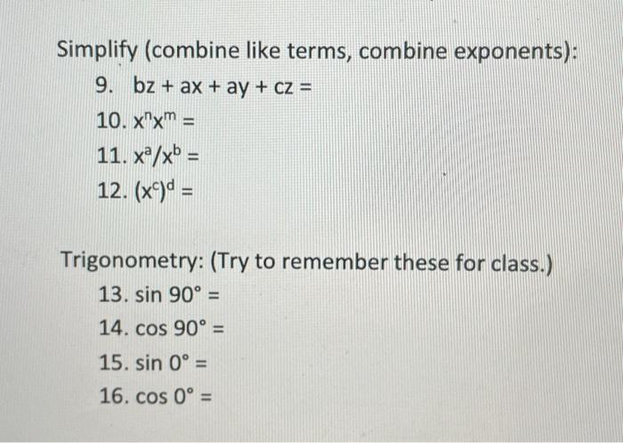Solved Simplify (combine like terms, combine exponents): 9. | Chegg.com
