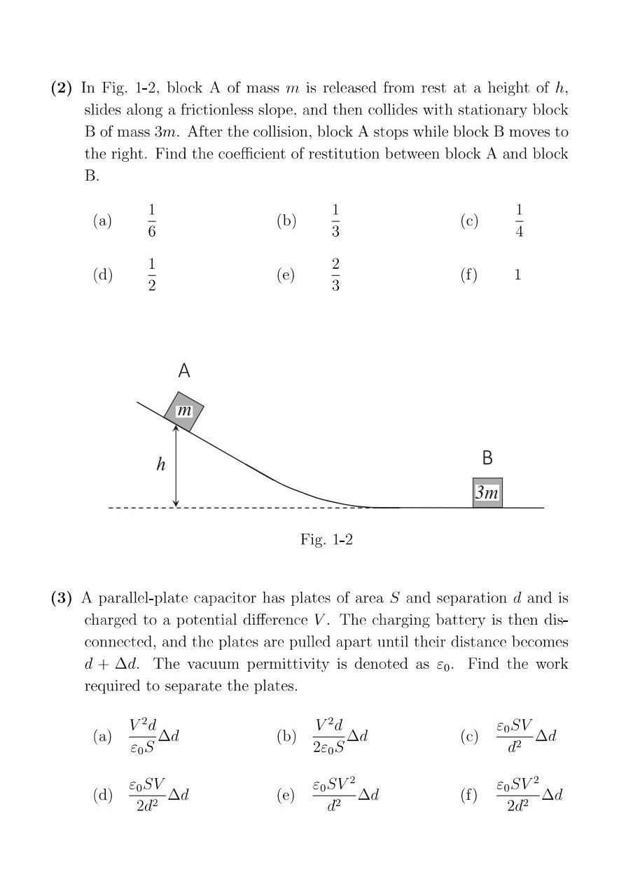 Solved (2) In Fig. 1-2, block A of mass m is released from | Chegg.com